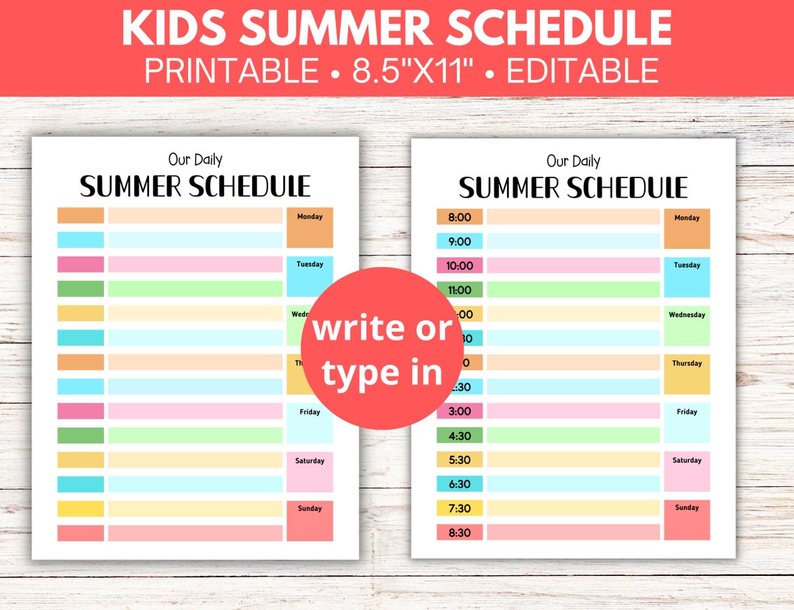 Kids Summer Schedule Template, Editable Kids Routine Chart, Fillable ...