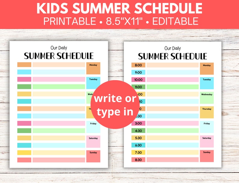 Kids Summer Schedule Template, Editable Kids Routine Chart, Fillable ...