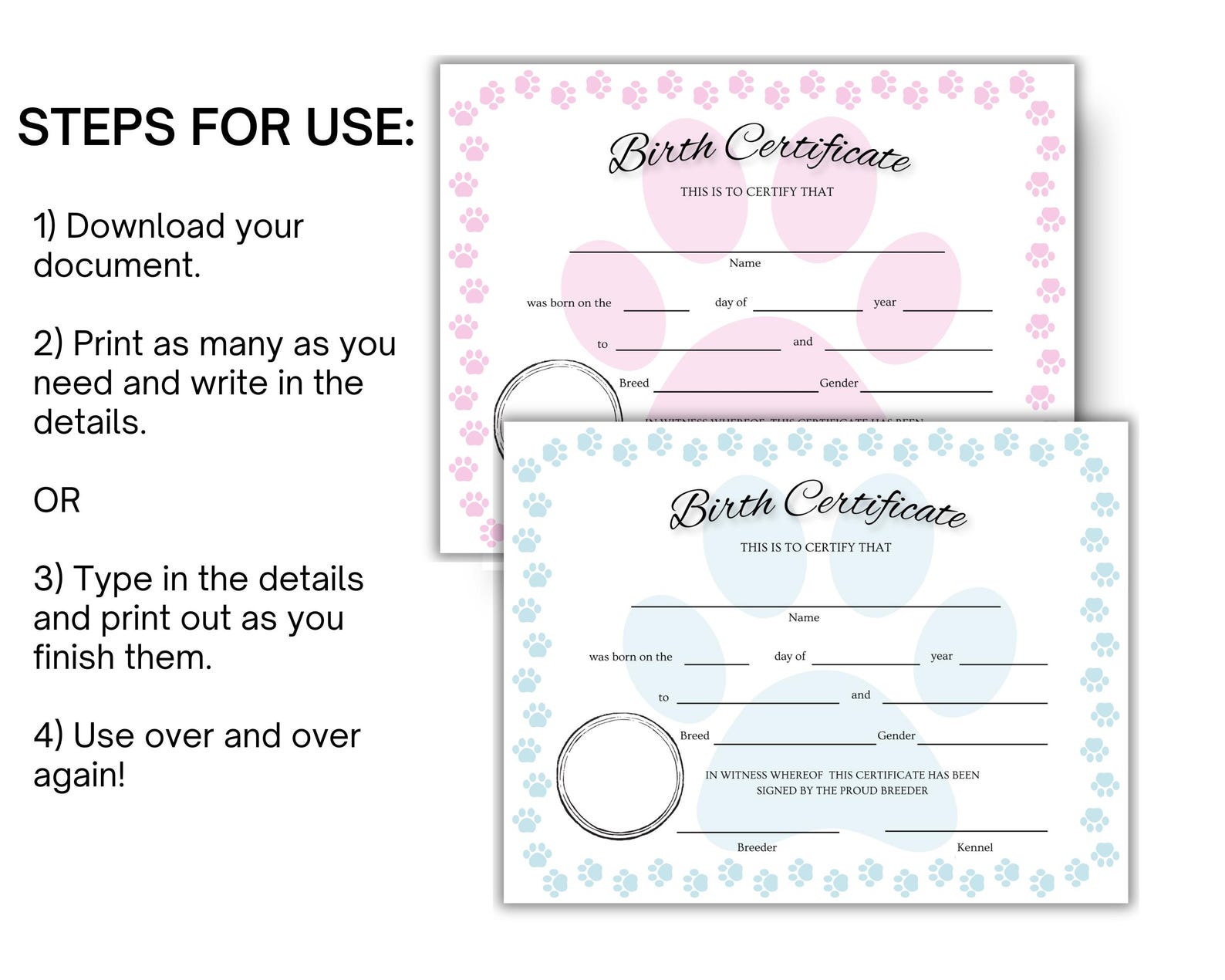 Puppy Birth Certificate Fillable Template, Printable Pet Keepsake With ...