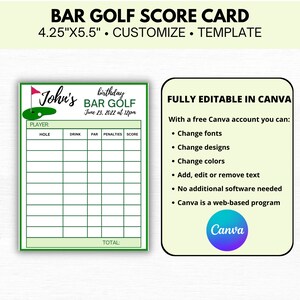 Bar Golf Scorecard Template Editable in Canva, Golf Themed Pub Crawl ...