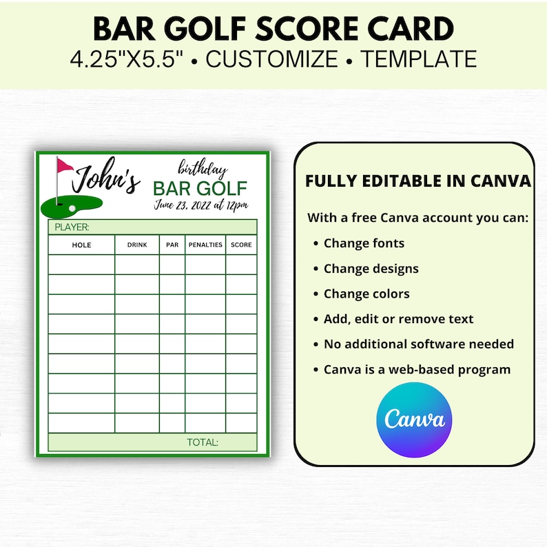 Bar Golf Scorecard Template Editable in Canva, Golf Themed Pub Crawl ...