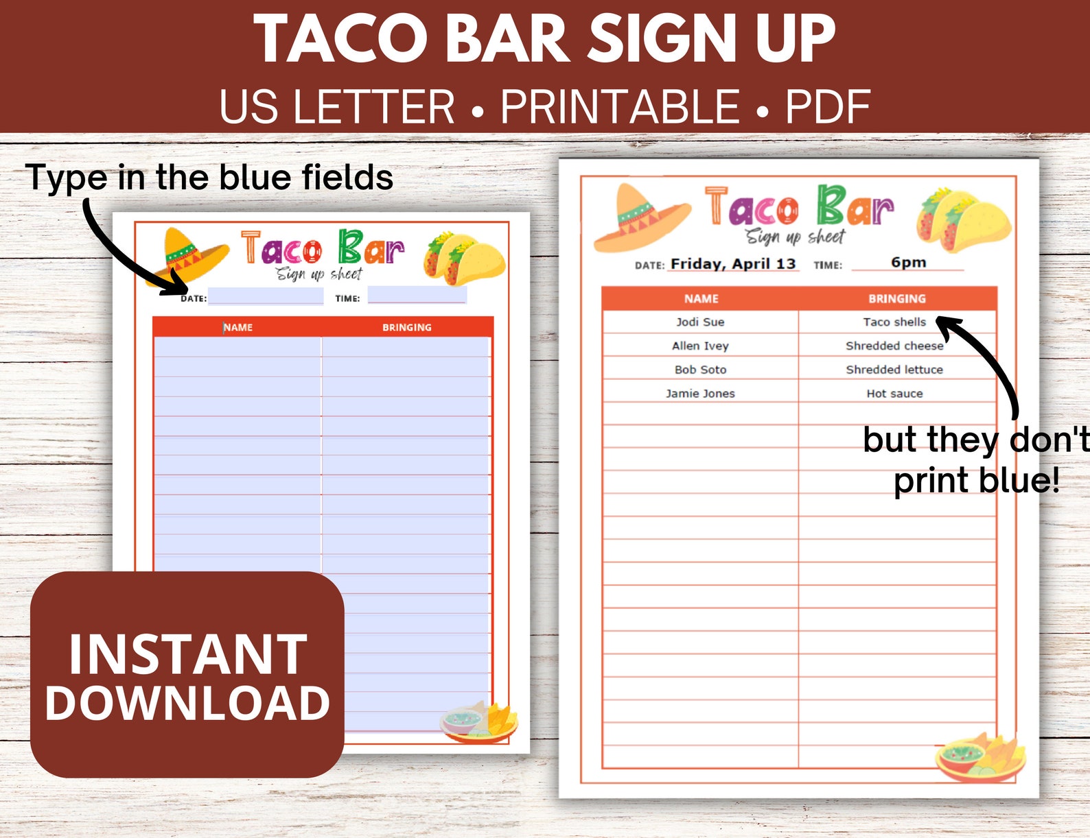 Sign up Sheet Template for Taco Bar, Printable Taco Party Sign Up ...
