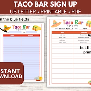 Sign up Sheet Template for Taco Bar, Printable Taco Party Sign Up ...