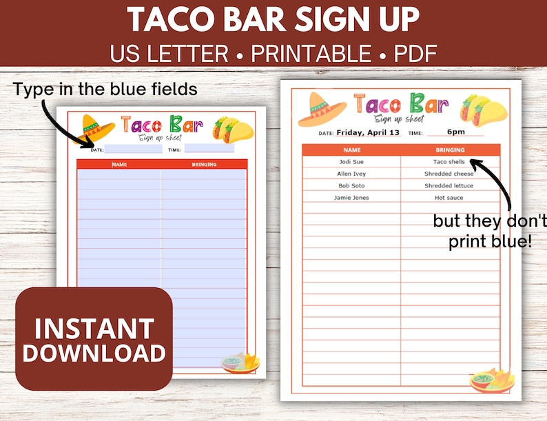 Sign up Sheet Template for Taco Bar, Printable Taco Party Sign Up ...