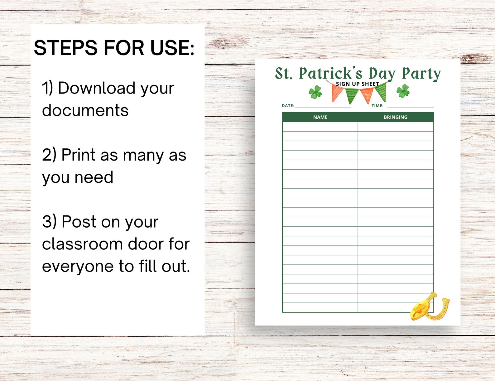 St Patrick's Day Sign up Sheet, Potluck Sign up Sheet, Printable Kids ...