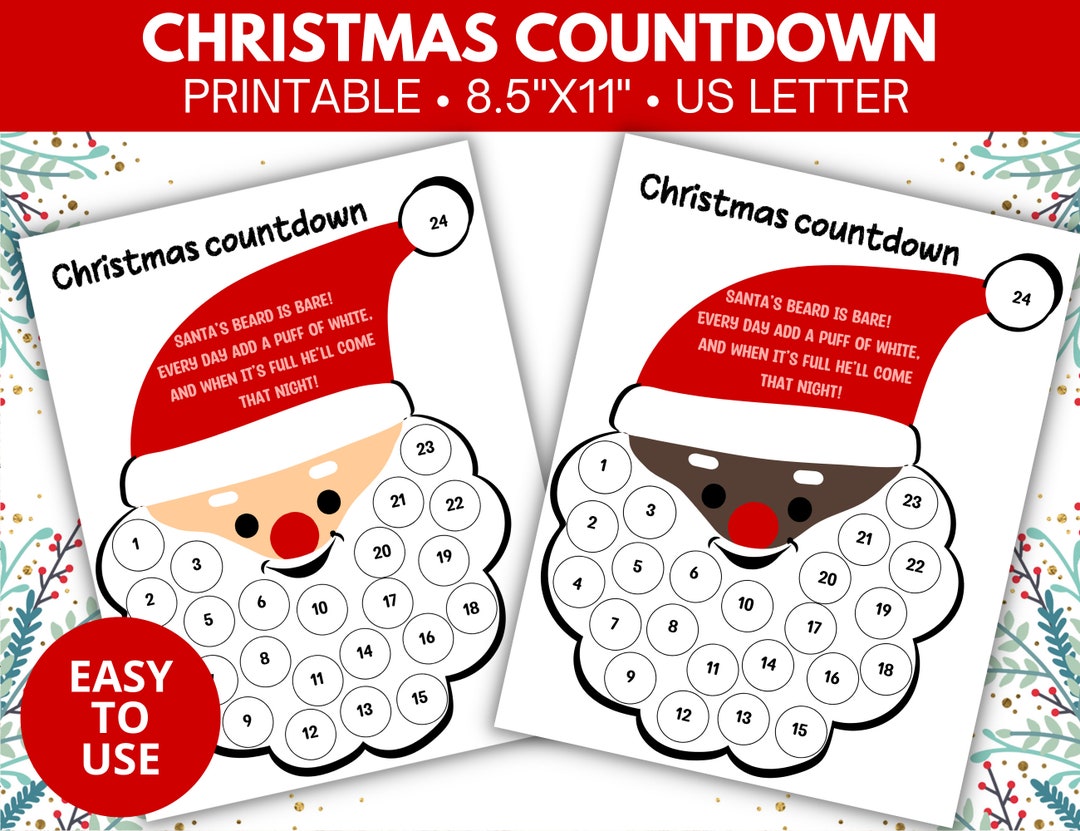 Christmas Countdown Printable Kids Activity, Santa's Beard Christmas ...