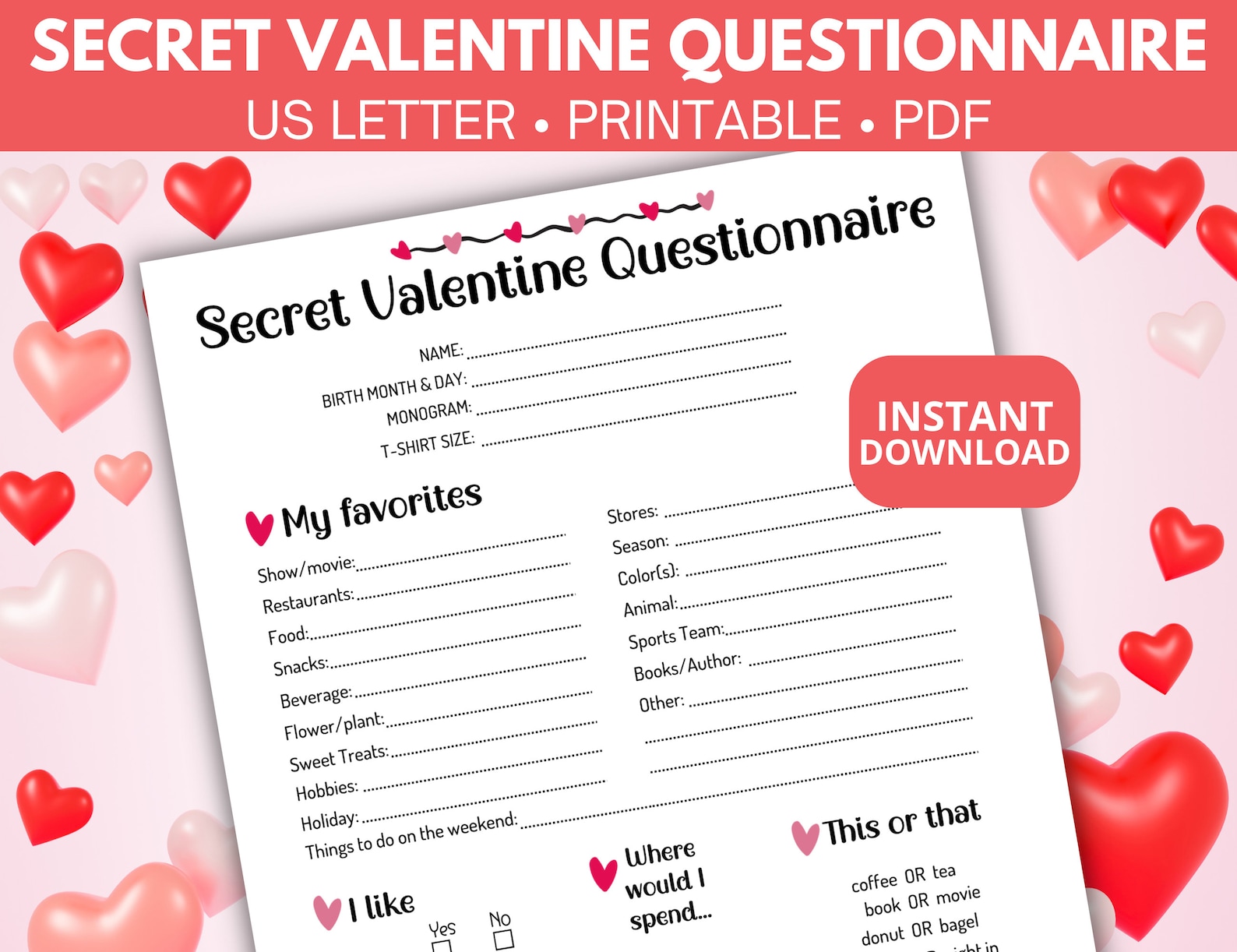 Secret Valentine Questionnaire, Teacher Gift Exchange Ideas, Coworker ...