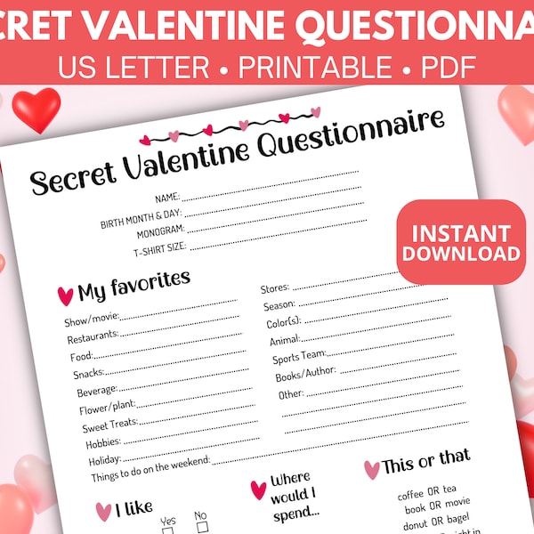 Secret Valentine Questionnaire - Etsy