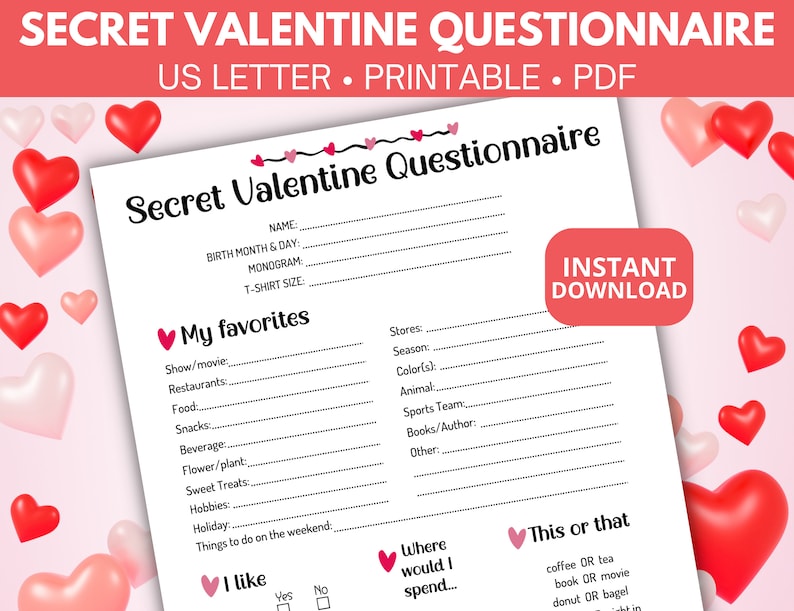 Secret Valentine Questionnaire, Teacher Gift Exchange Ideas, Coworker ...