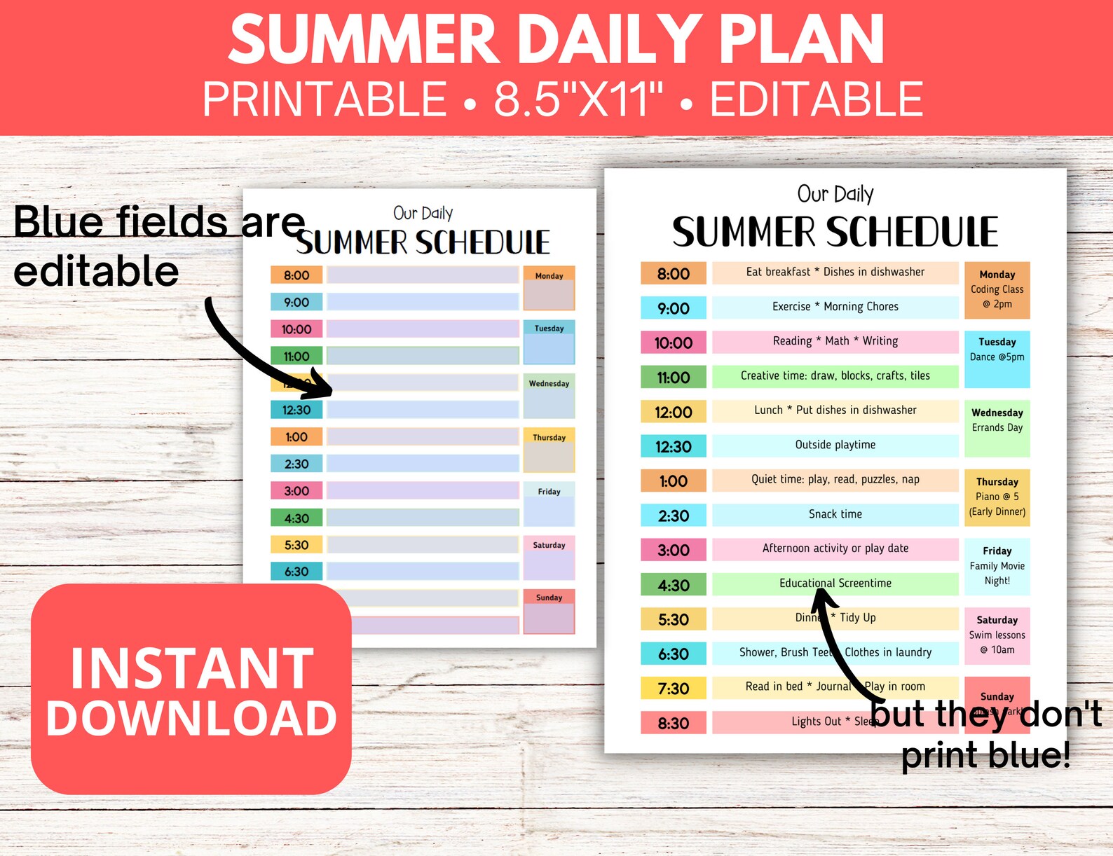 Kids Summer Schedule Template, Editable Kids Routine Chart, Fillable ...