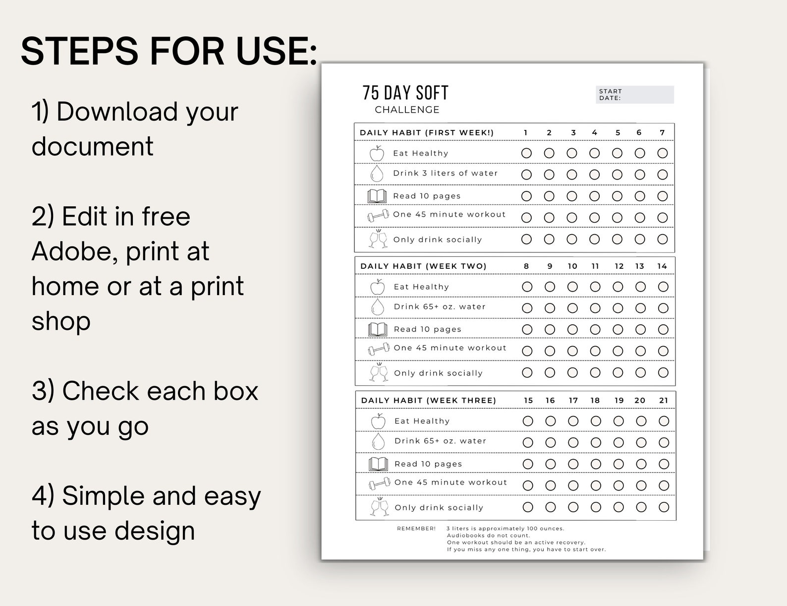 75 Days Soft Challenge Printable Tracker, 75 Soft Printable Planner ...