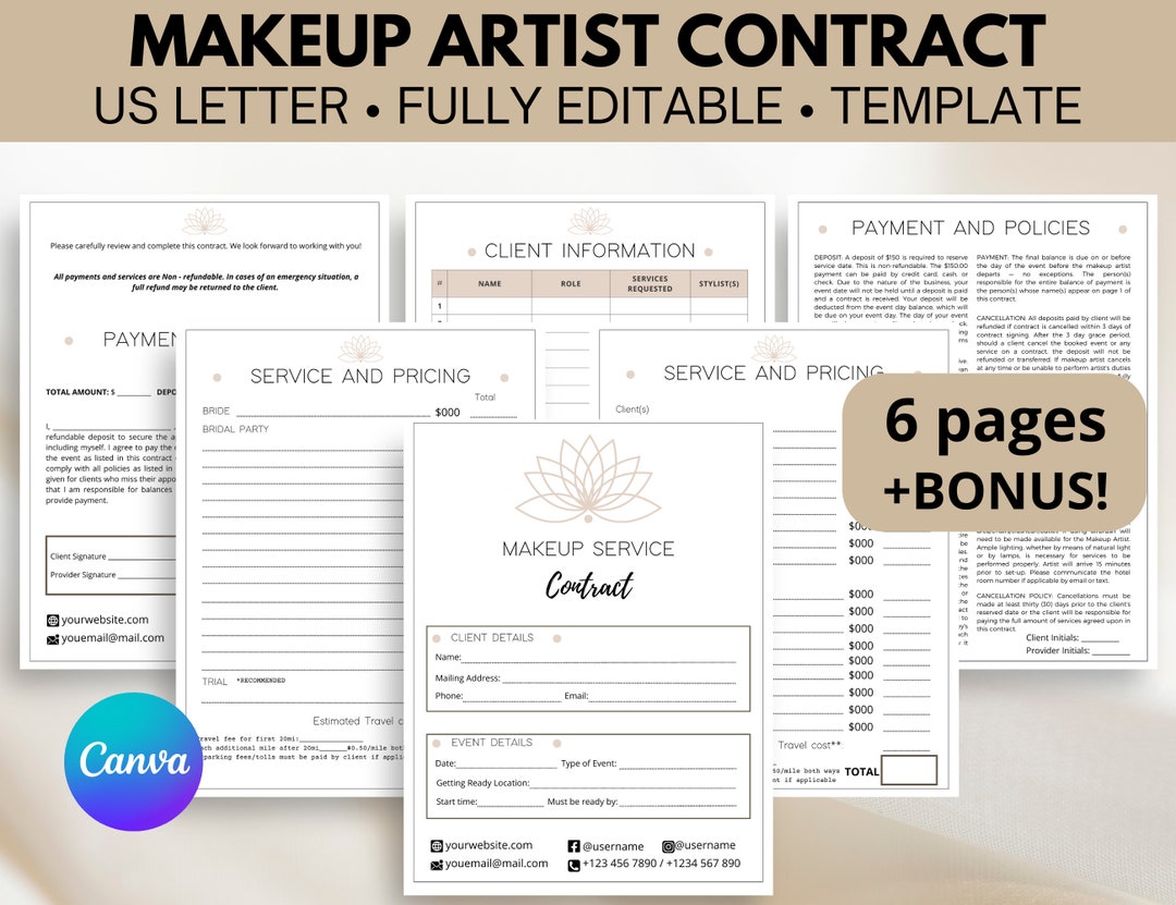 Bridal Makeup Contract Template, Makeup Artist Forms, MUA Service ...