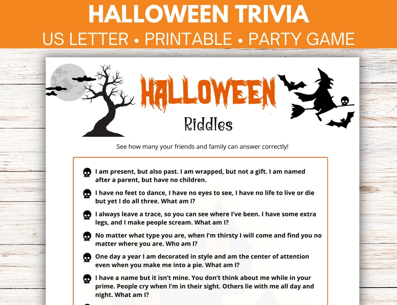 Halloween Riddles Printable Party Game, Halloween Trivia Game ...