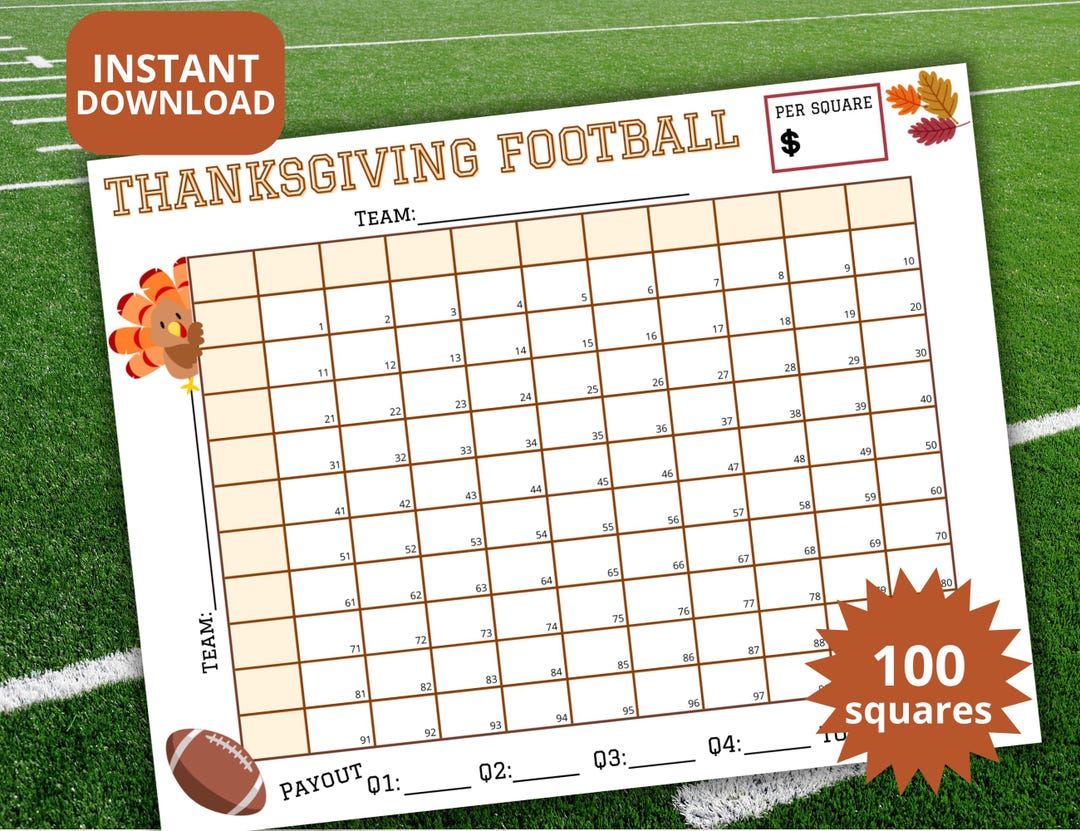 Thanksgiving Day Football Squares, Printable Football Pool, Family ...