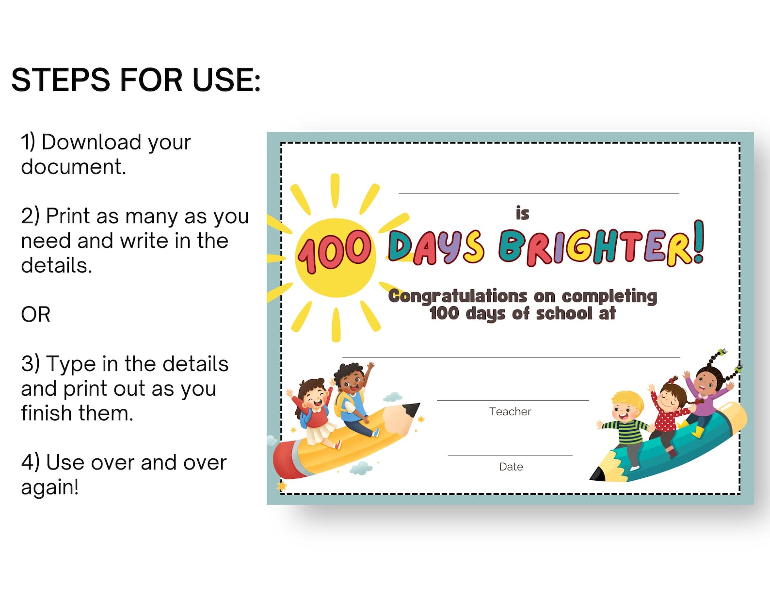 100th Day of School Certificate, 100 Days of School Kids Completion ...
