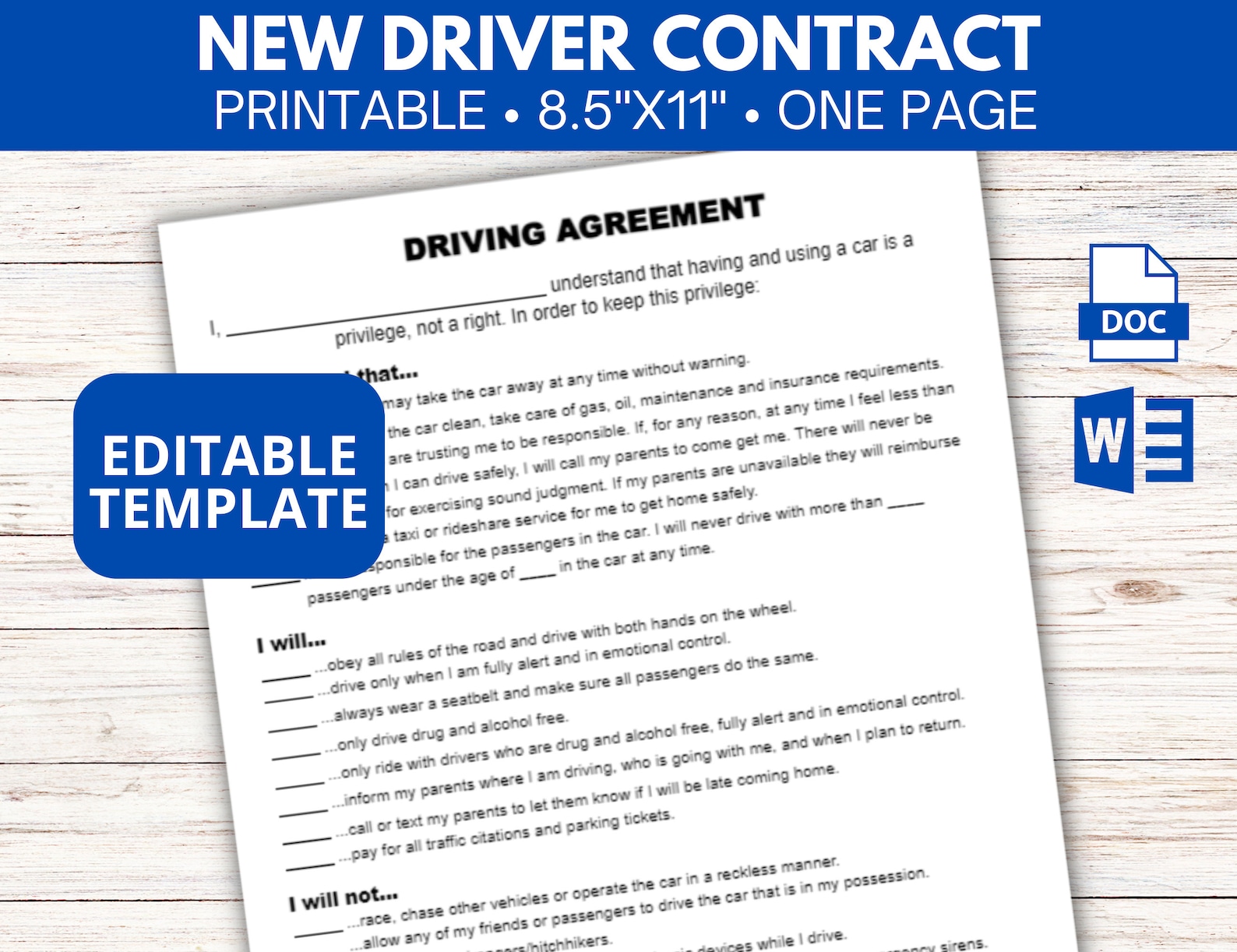 Editable Teen Driver Contract, New Driver Contract Template, Teen ...