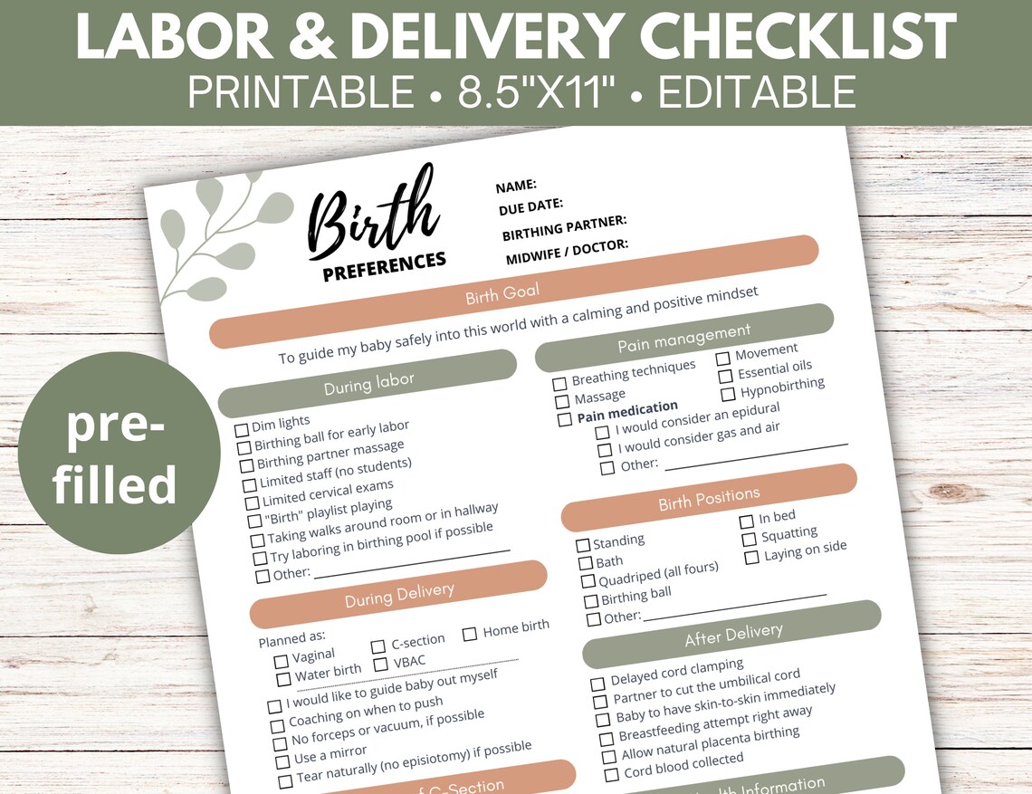 Birth Plan Template, Editable Birth Plan Checklist, Natural Birth Plan ...