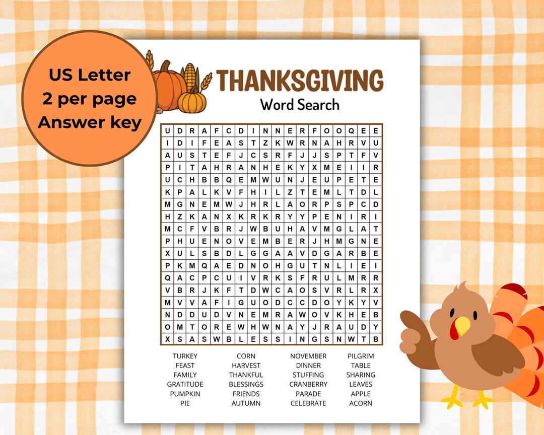 Thanksgiving Printable Word Search, Kids Activity Page, Classroom ...
