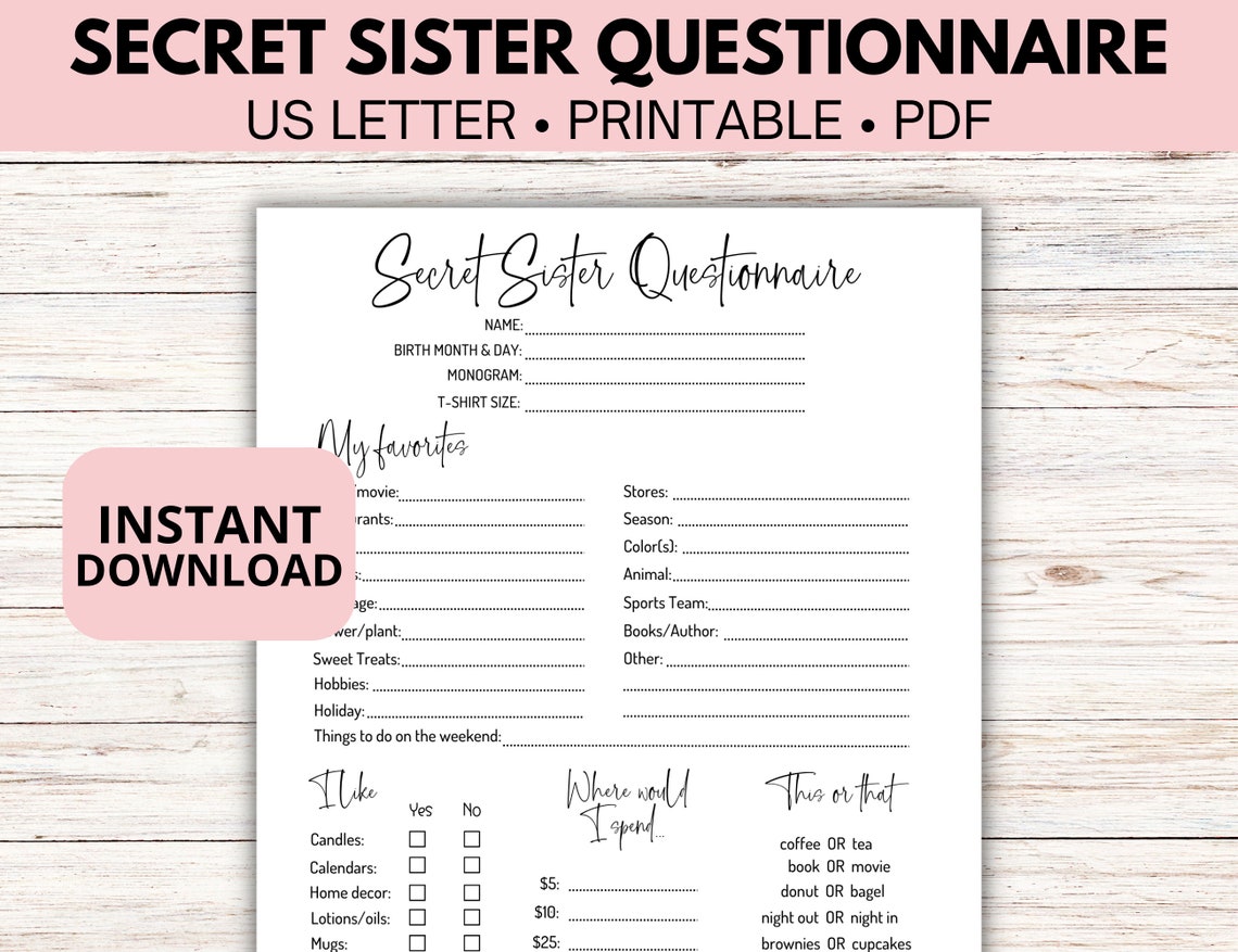 Secret Sister Questionnaire Printable, Church Secret Sister Form ...