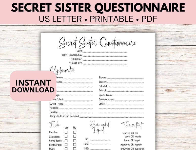 Secret Sister Questionnaire Printable, Church Secret Sister Form ...