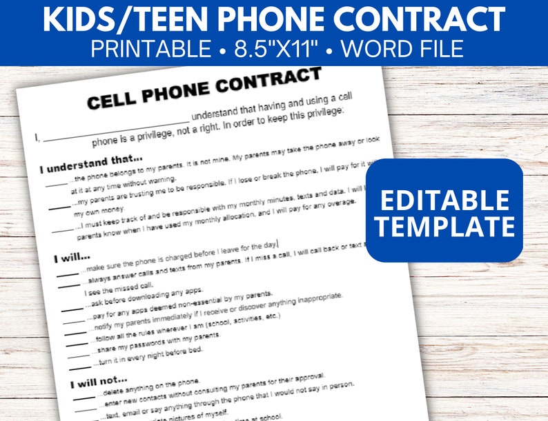 Editable Teen/kids Phone Contract, Cell Phone Contract Template, Cell ...