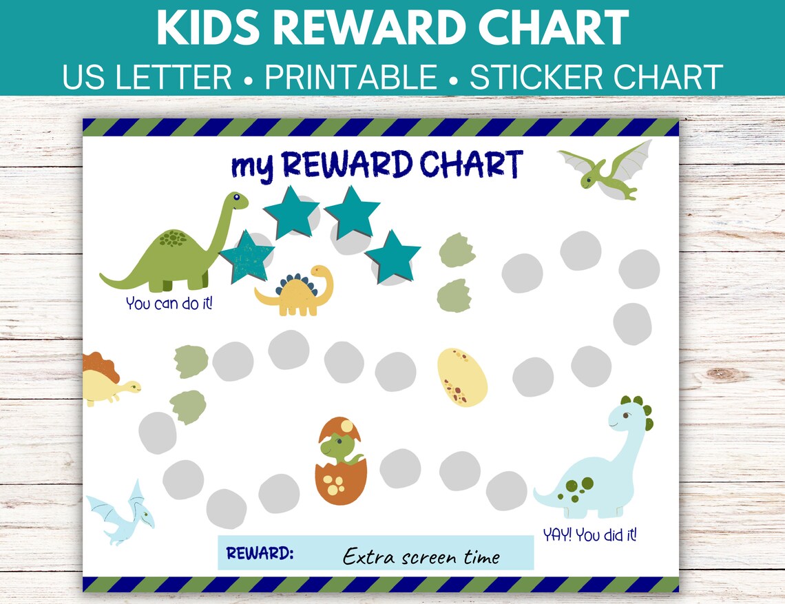 Dinosaur Kids Reward Chart, Reading Reward Chart, Sticker Chart, Dino ...