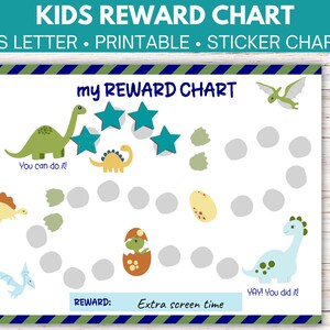 Dinosaur Kids Reward Chart, Reading Reward Chart, Sticker Chart, Dino ...