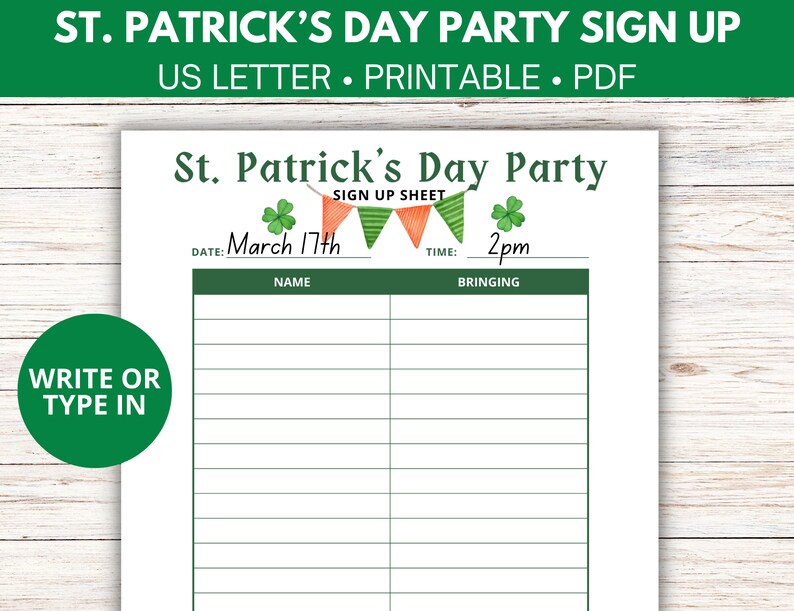 St Patrick's Day Sign up Sheet, Potluck Sign up Sheet, Printable Kids ...