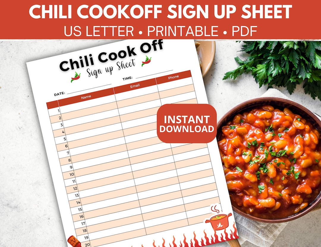 Sign up Sheet Template for Chili Cook Off, Chili Cooking Challenge ...
