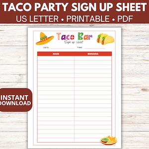 Sign up Sheet Template for Taco Bar, Printable Taco Party Sign Up ...