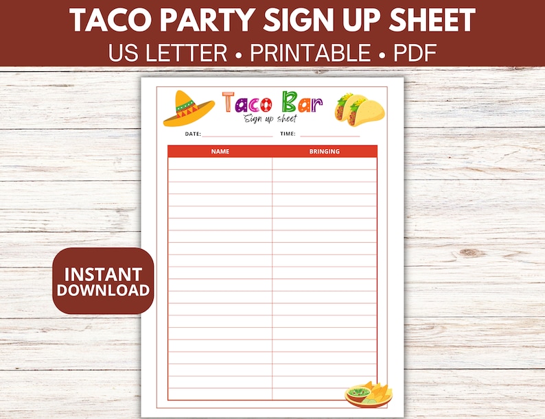 Sign up Sheet Template for Taco Bar, Printable Taco Party Sign Up ...