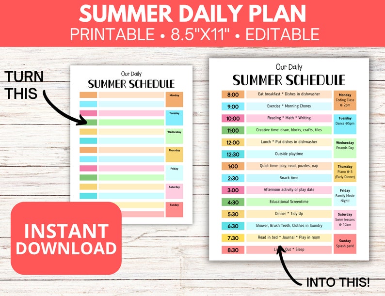 Kids Summer Schedule Template, Editable Kids Routine Chart, Fillable ...