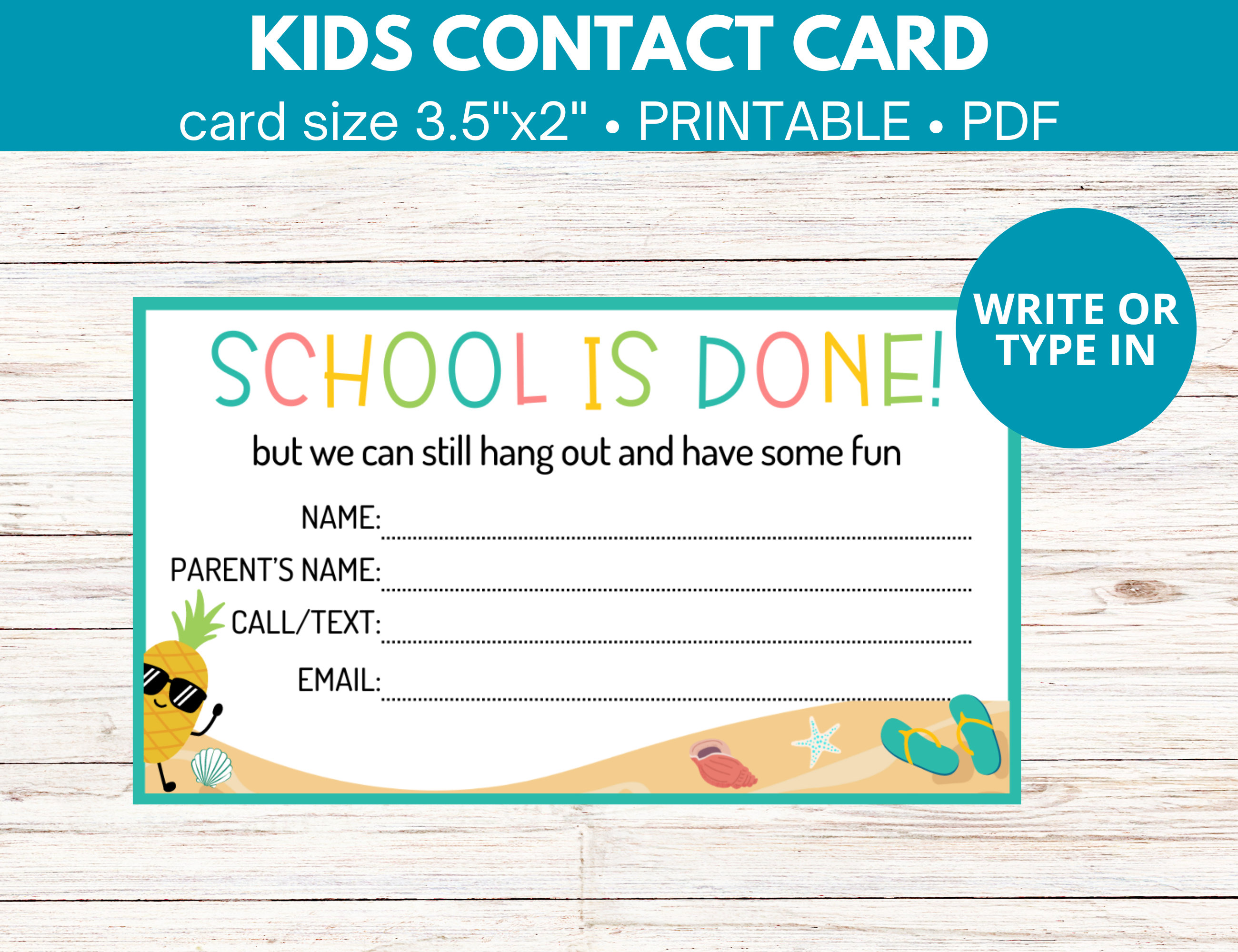Kids Summer Contact Card, Editable Play Date Card, End of School ...