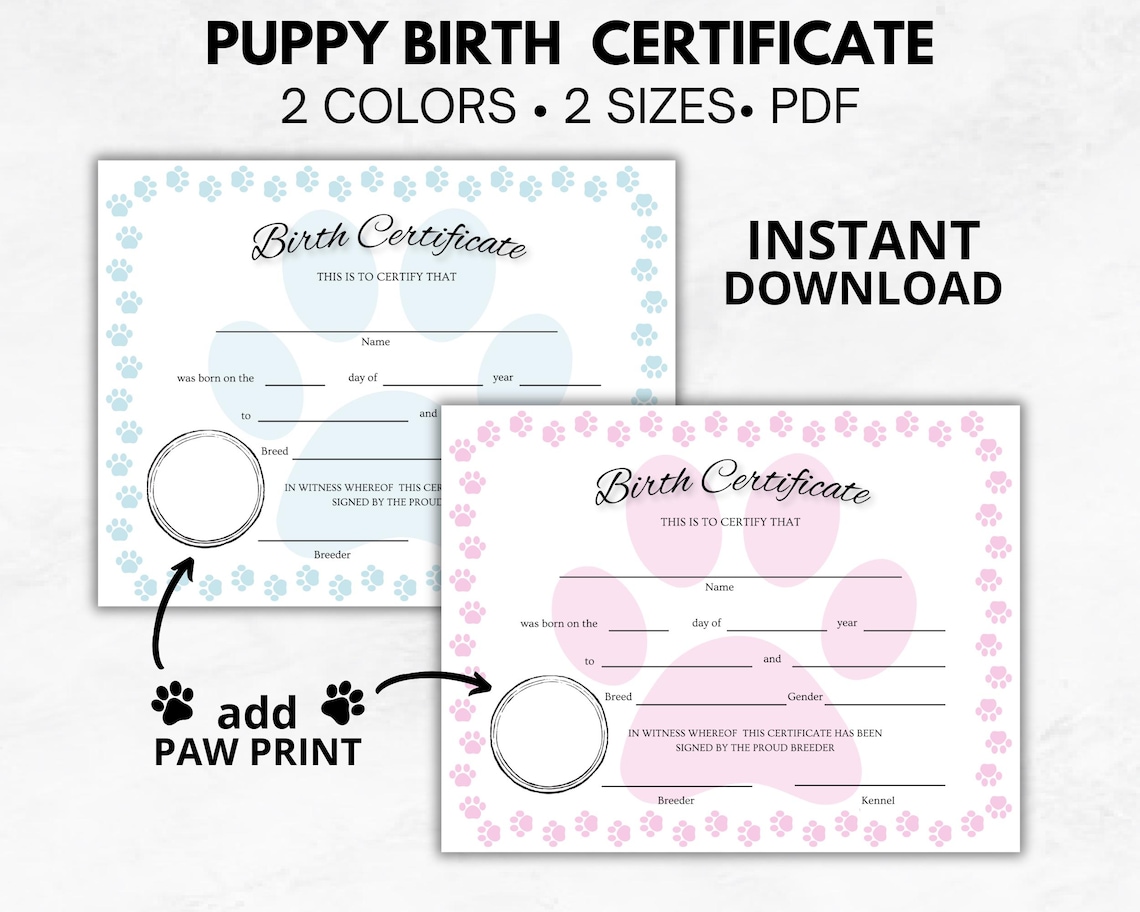 Puppy Birth Certificate Fillable Template, Printable Pet Keepsake With ...
