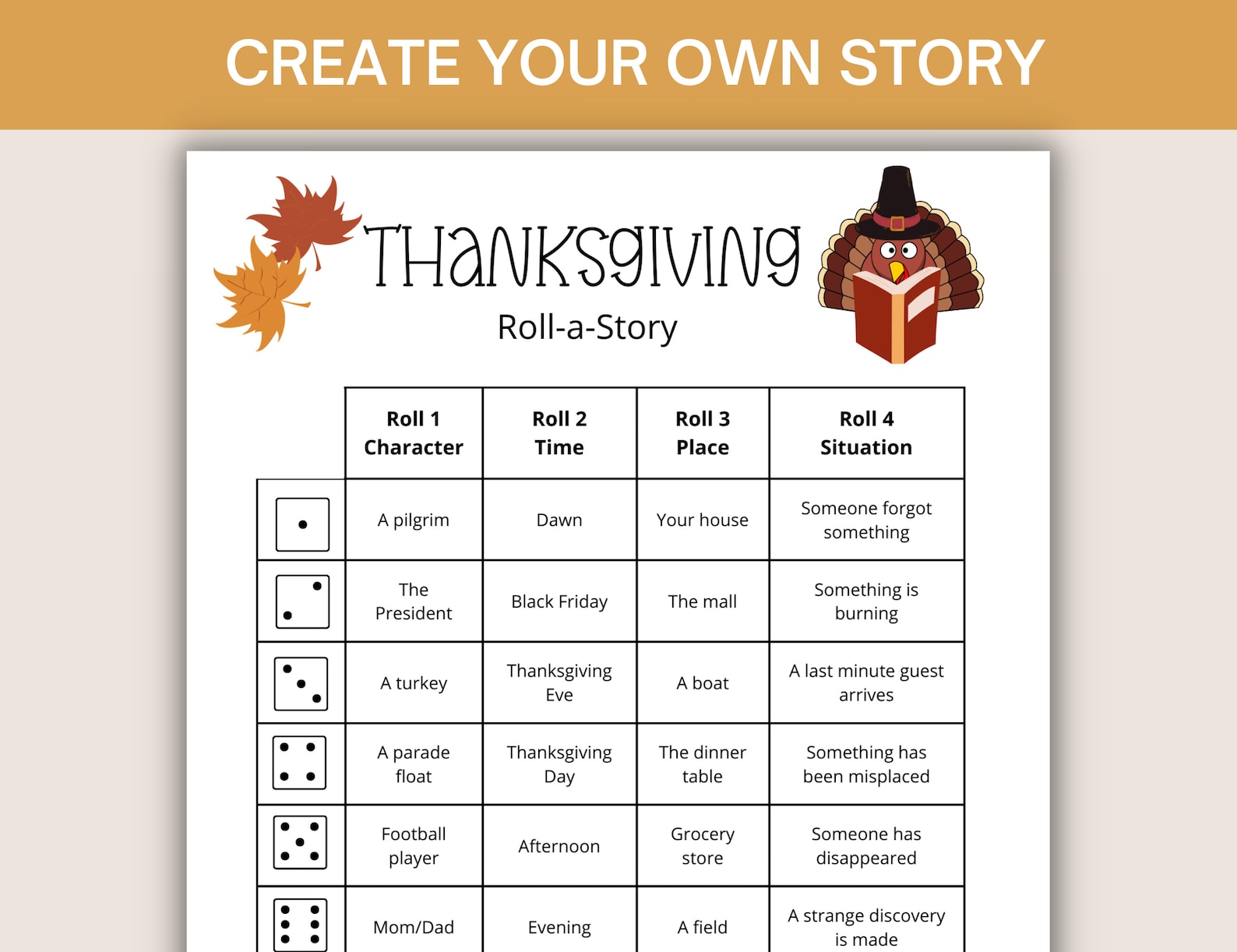 Thanksgiving Roll a Story Dice Game, Thanksgiving Classroom Games ...