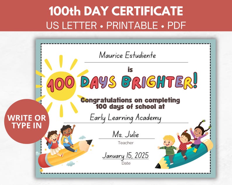 100th Day of School Certificate, 100 Days of School Kids Completion ...