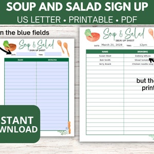 Soup and Salad Sign up Sheet Template, Potluck Sign up Sheet, Printable ...