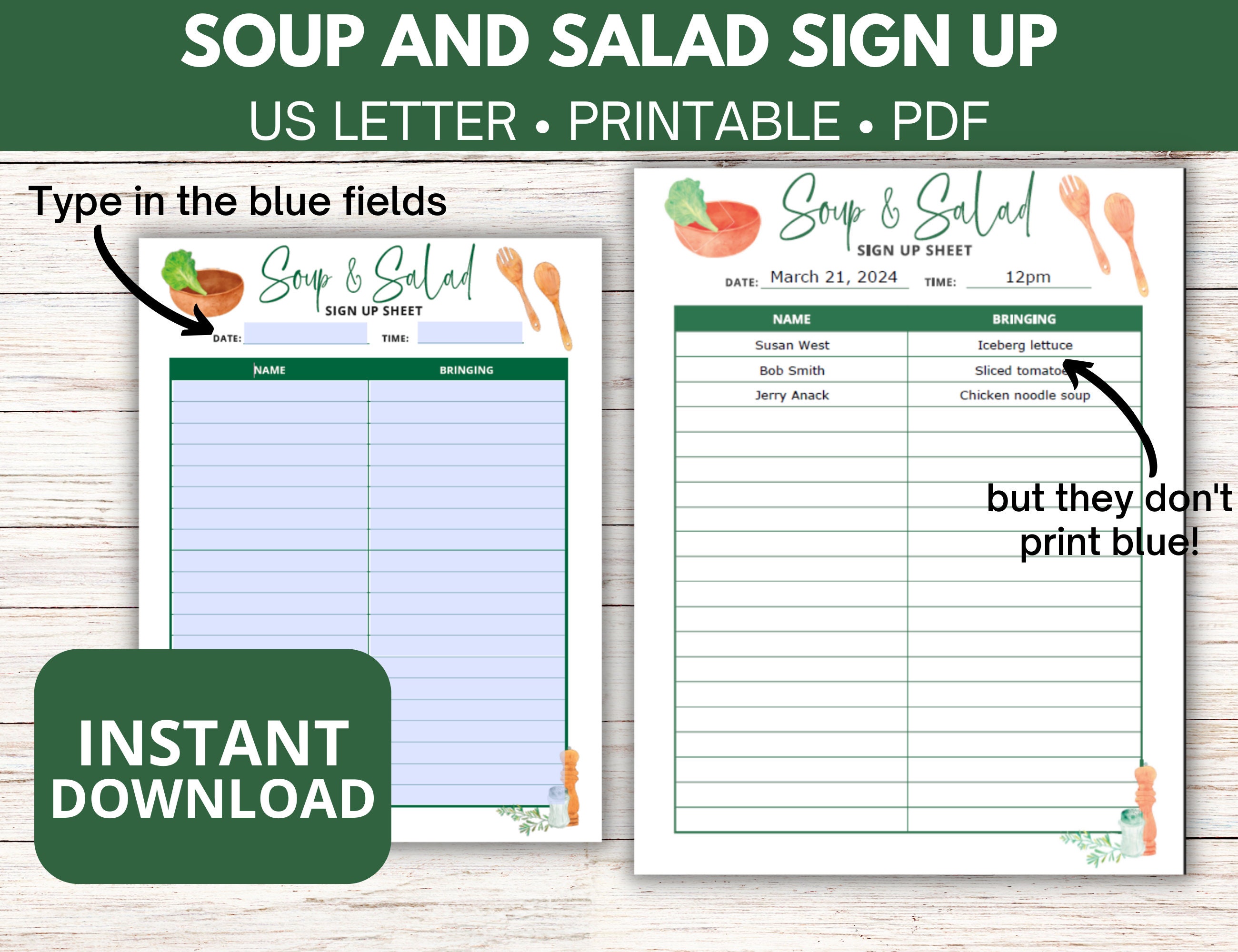 Soup and Salad Sign up Sheet Template, Potluck Sign up Sheet, Printable ...
