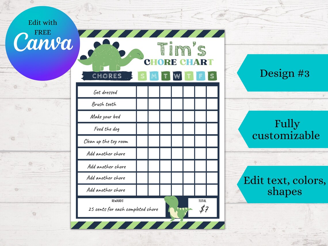 Dinosaur Chore Chart for Kids, Editable Chore Chart for Toddler, Chore ...