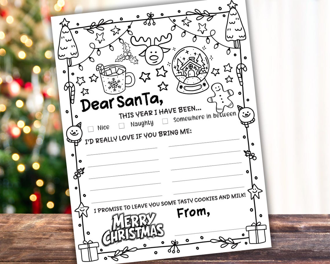 Christmas Wish List Coloring Page for Kids, Printable Letter to Santa ...