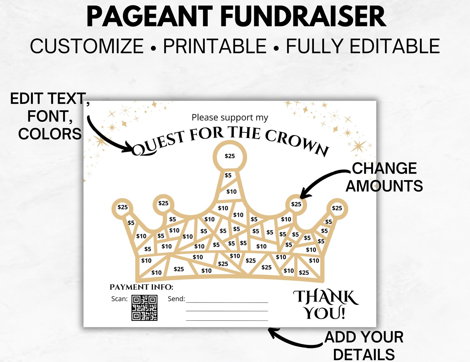 Pageant Fundraiser Template, QR Code, Editable Fill My Crown Form ...