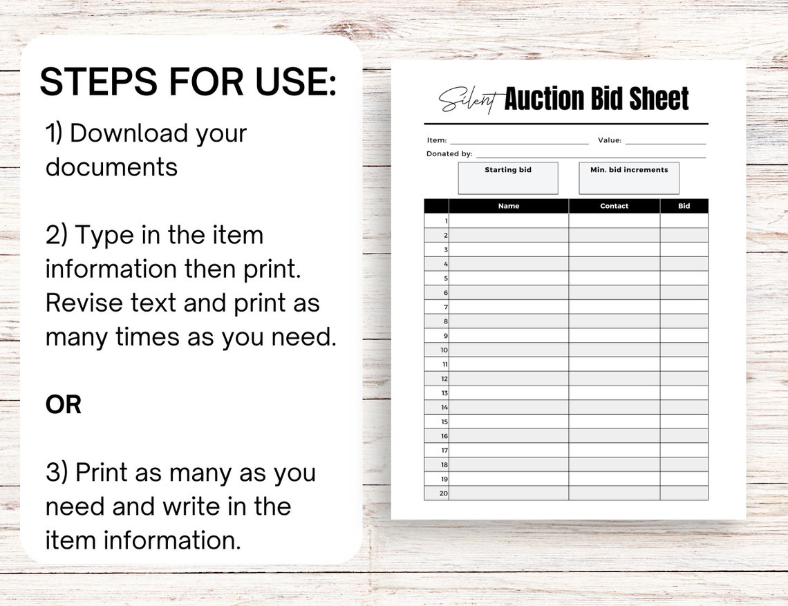 Editable Silent Auction Bid Sheet, Bid Template, PTA Fundraiser Idea ...