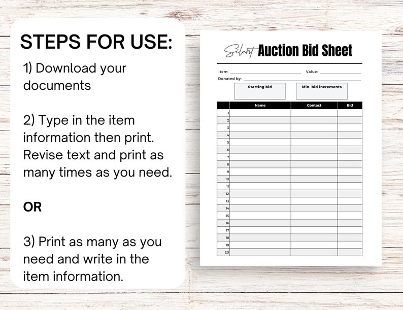 Editable Silent Auction Bid Sheet, Bid Template, PTA Fundraiser Idea ...