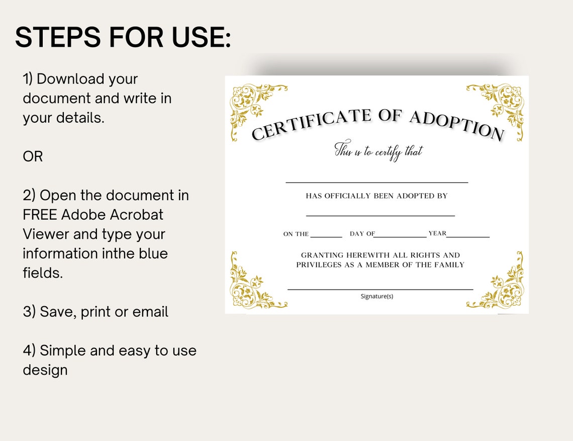 Editable Adoption Certificate Template, Fillable Adoption Certificate ...