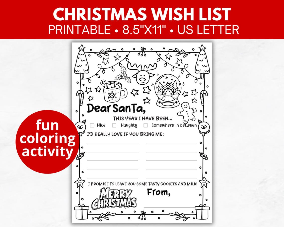 Christmas Wish List Coloring Page for Kids, Printable Letter to Santa ...