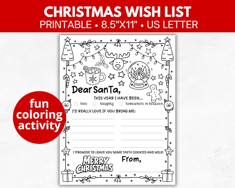 Christmas Wish List Coloring Page for Kids, Printable Letter to Santa ...