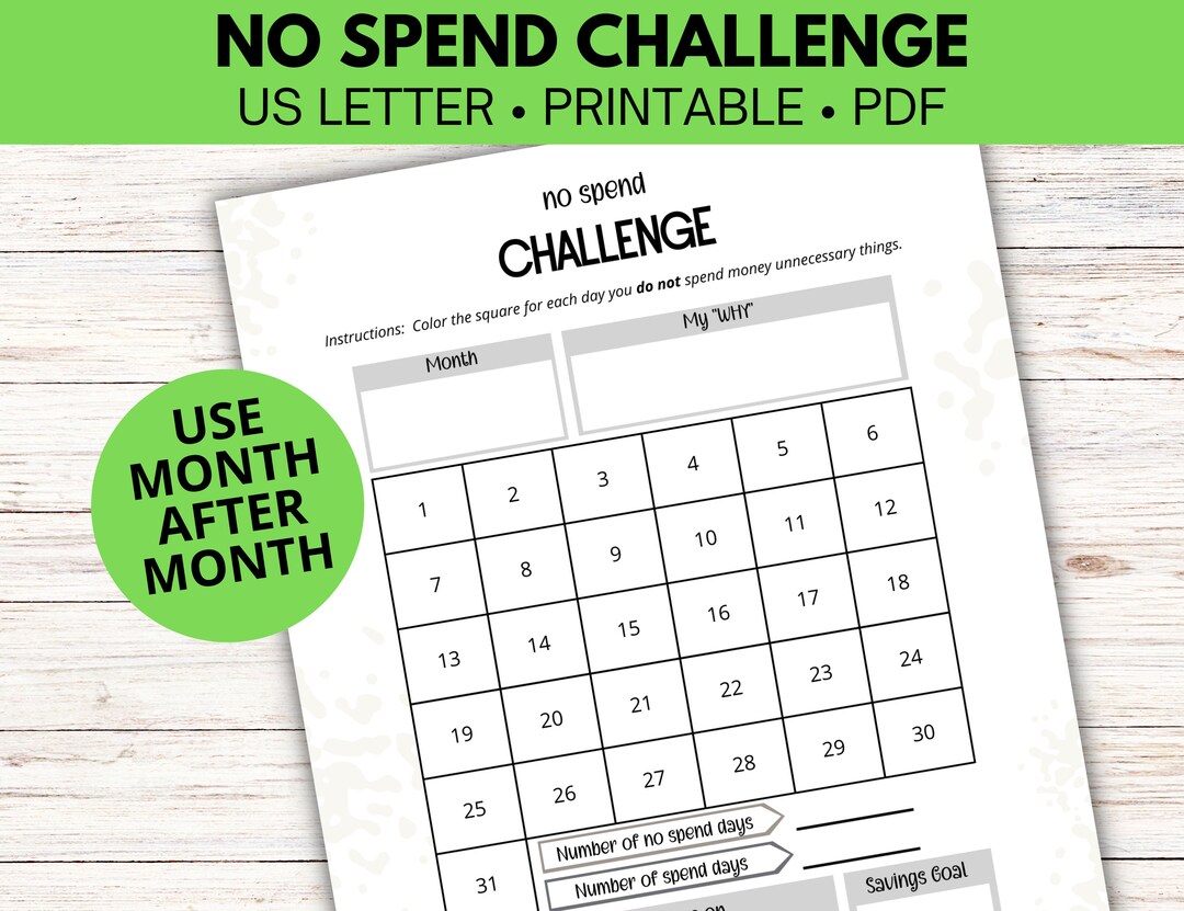 No Spend Challenge Printable, Monthly Save Money Challenge, Monthly ...