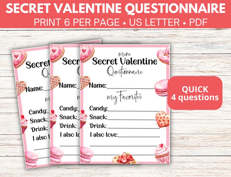Secret Valentine Mini Questionnaire, Valentine Party Gift Game, Secret ...