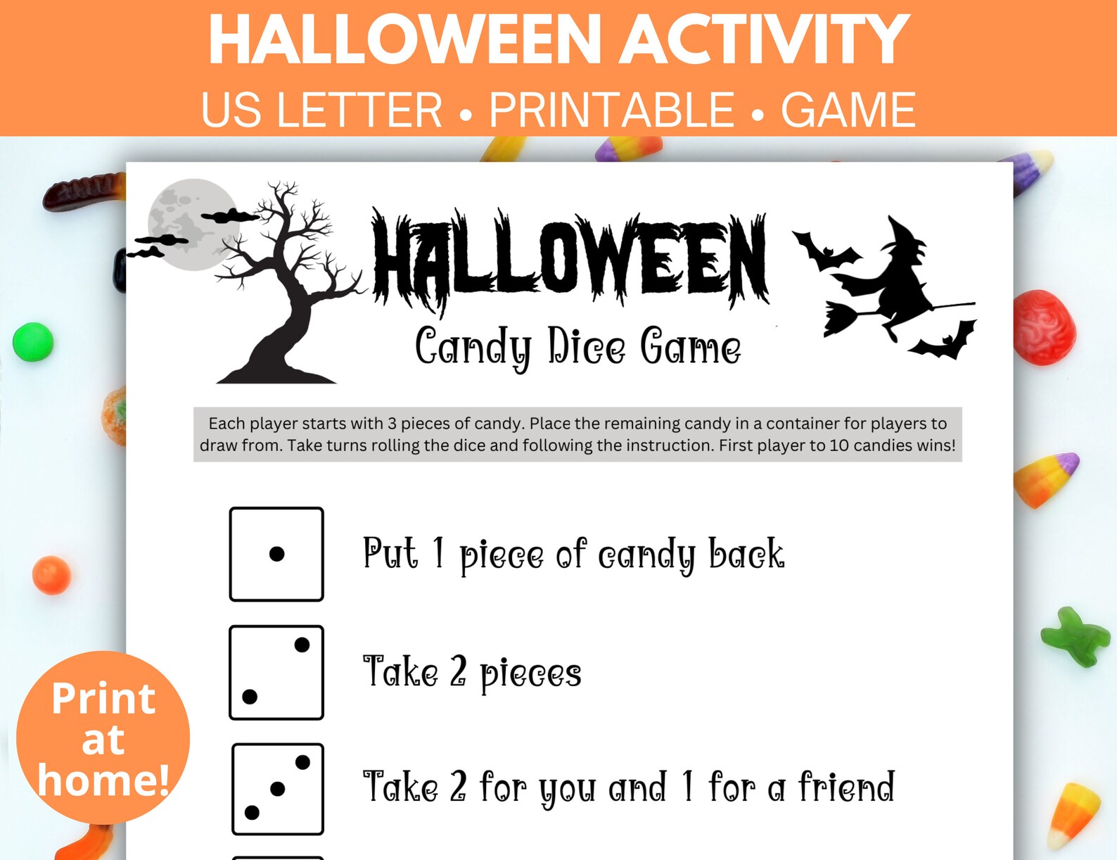 Candy Dice Game, Kids Halloween Dice Game, Printable Dice Game ...