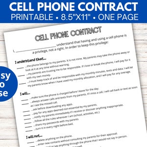 Phone Contract Printable, Kids Teens Cell Phone Contract PDF, Cell ...
